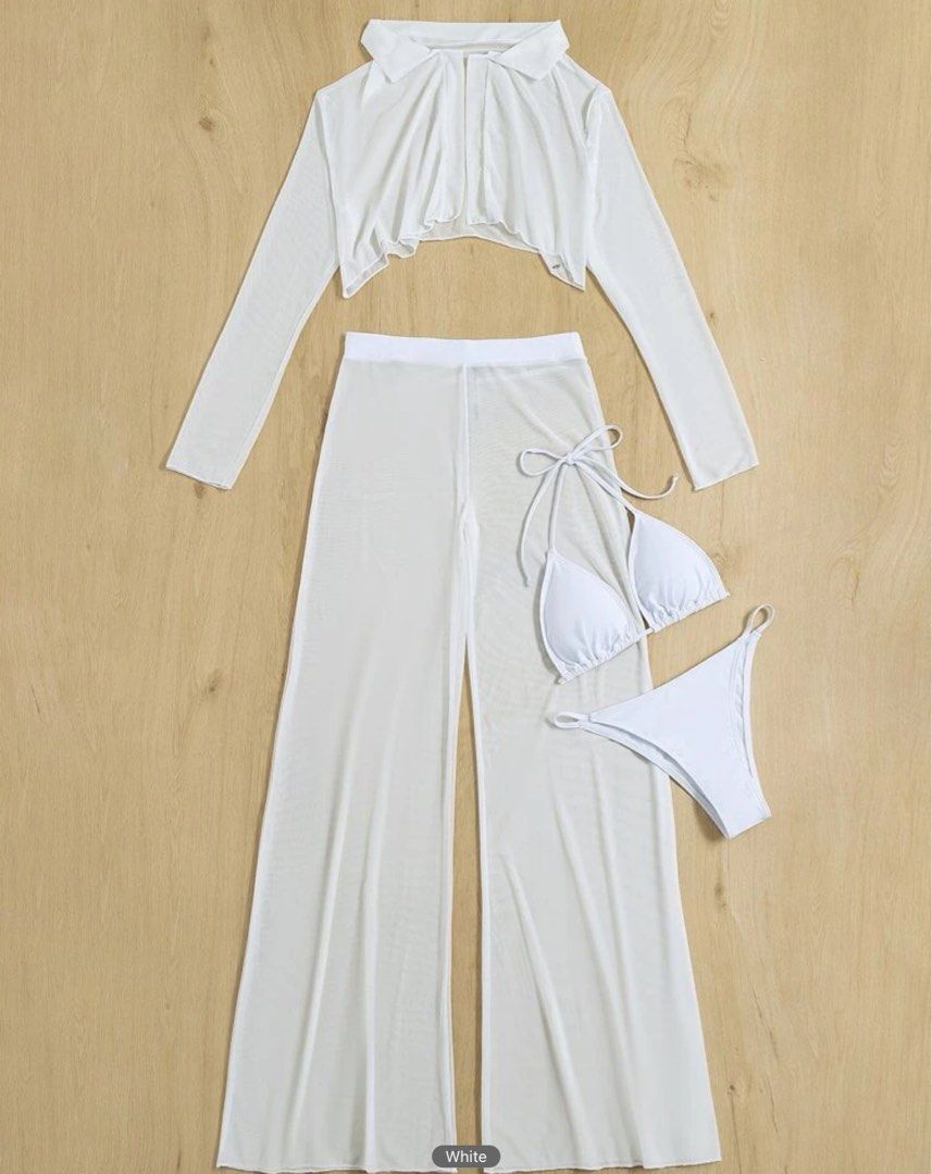 SHEIN Swim Basics Sheer Bikini Set Halter Triangle Bra & Thong & Cover ...