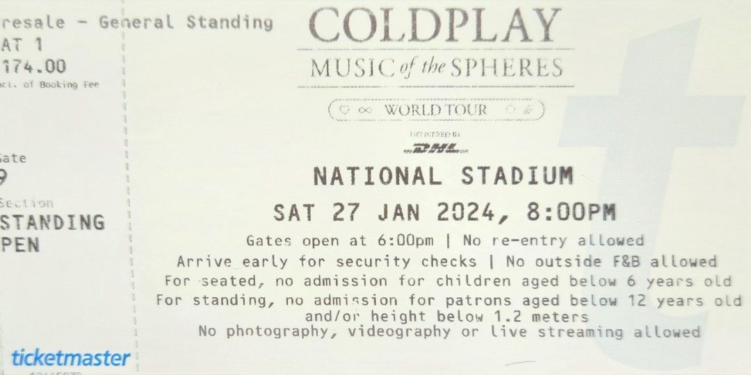 Coldplay 27 Jan standing pen 2 physical tickets, Tickets & Vouchers ...