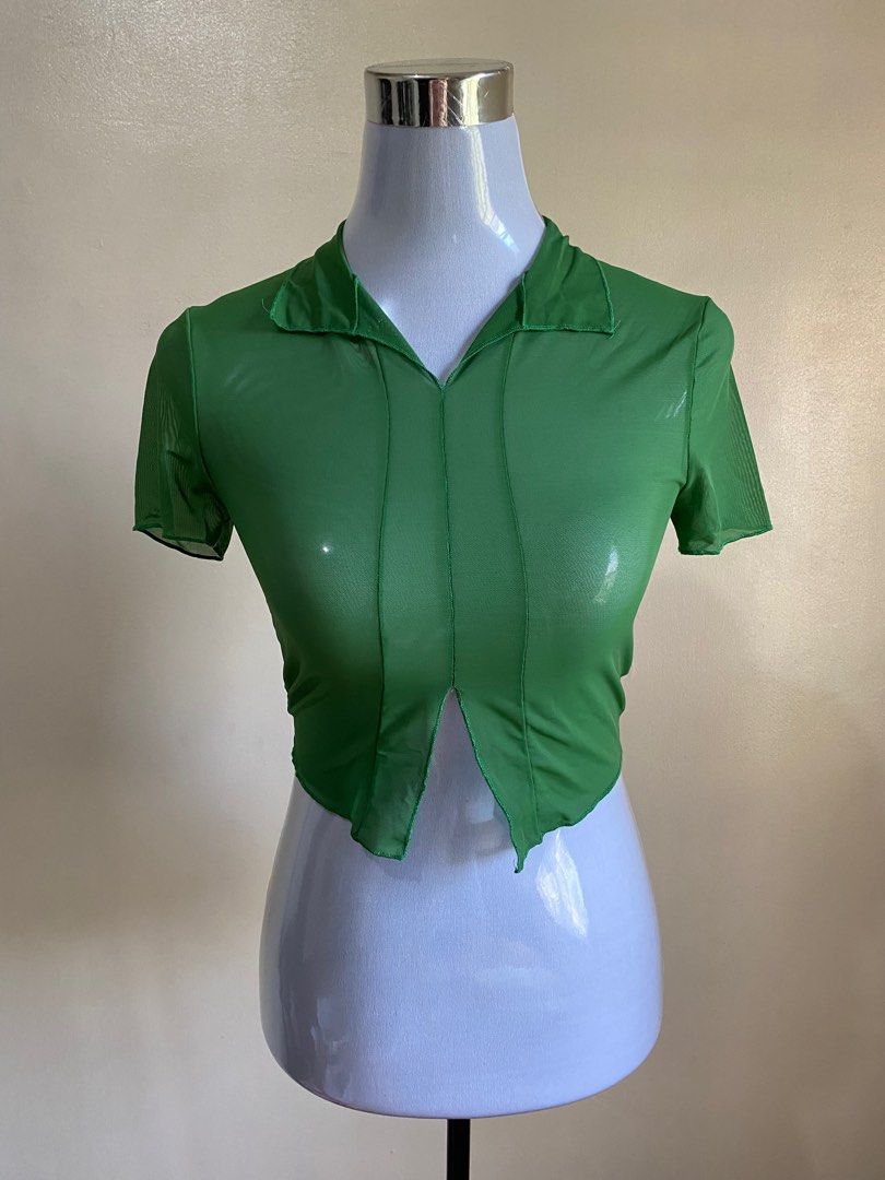 Green Mesh Top with Collar, Women's Fashion, Tops, Blouses on Carousell