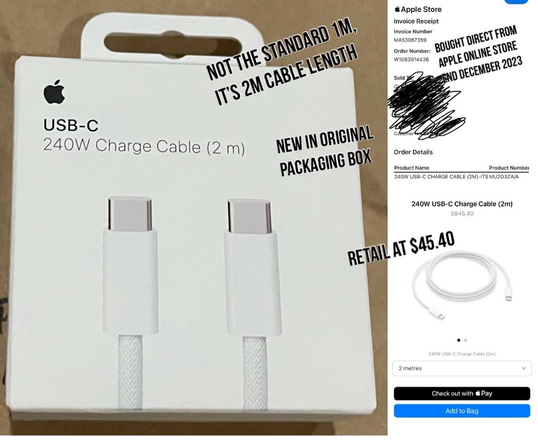 New Authentic Apple 240W USB-C charge cable 2 metre, Computers & Tech ...