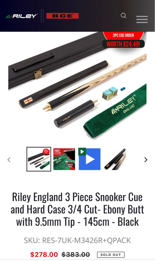Riley England 3/4 snooker cue with cue case bundle, Sports Equipment ...