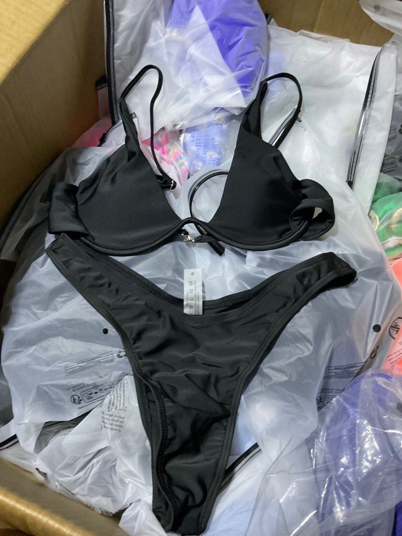 SHEIN SHEIN Swim Basics Solid Black Underwire Bikini Swimsuit, Women's ...