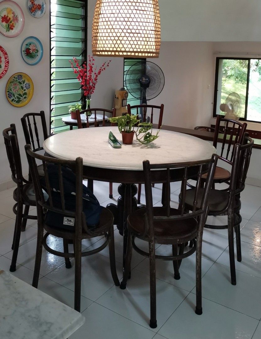 Vintage marble table and Kopitiam chairs, Furniture & Home Living ...