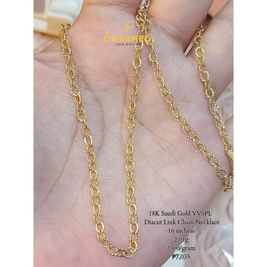 18K Saudi Gold Diacut Link Chain Necklace 16 inches, Women's Fashion ...