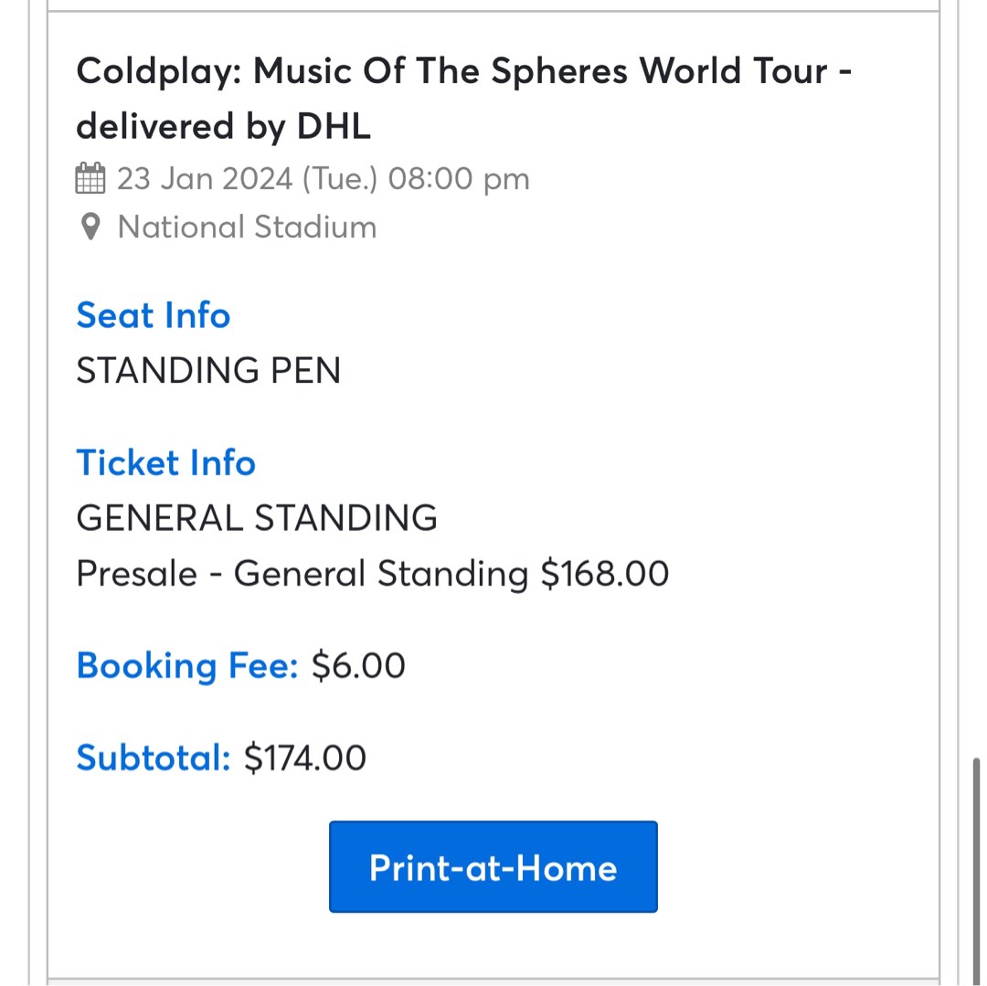 Coldplay 23 Jan Standing Ticket x 1, Tickets & Vouchers, Event Tickets ...