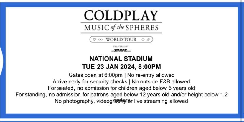 Coldplay ticket. Standing 23/1/2024, Tickets & Vouchers, Event Tickets ...