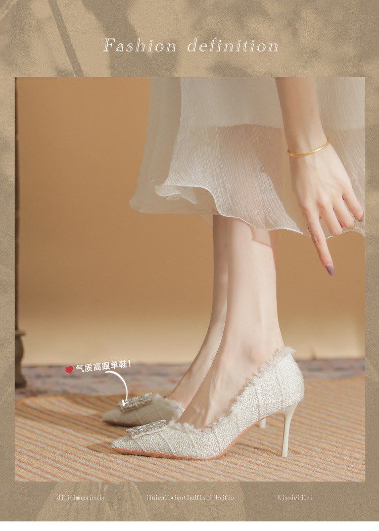 Sepatu hak tinggi tweed putih High heels cewek White wedding shoes ...
