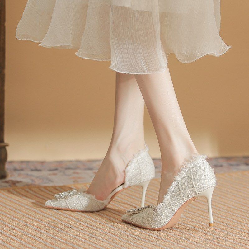Sepatu hak tinggi tweed putih High heels cewek White wedding shoes ...