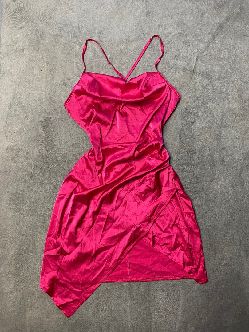 SHEIN HOT PINK BARBIE SATIN SILK MINI TULIP HEM SPLIT SEXY MINI DRESS ...