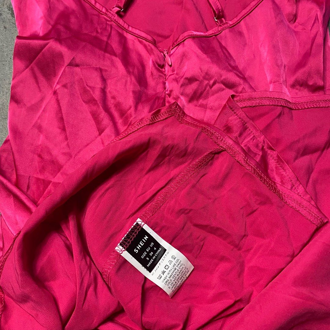 SHEIN HOT PINK BARBIE SATIN SILK MINI TULIP HEM SPLIT SEXY MINI DRESS ...