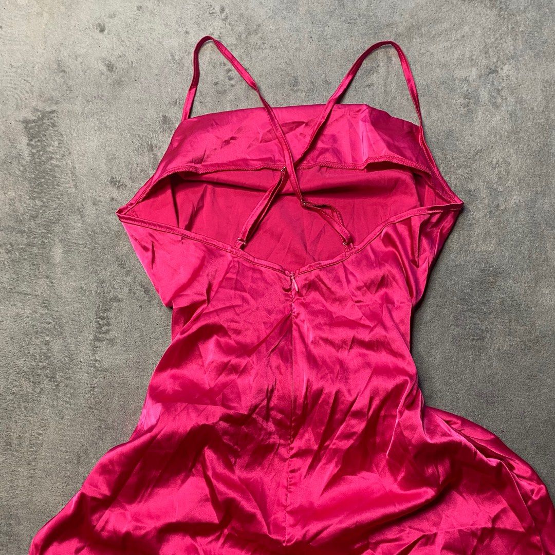 SHEIN HOT PINK BARBIE SATIN SILK MINI TULIP HEM SPLIT SEXY MINI DRESS ...