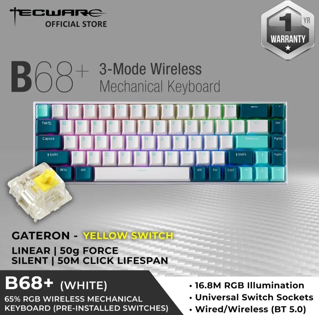 Tecware B68+ RGB Backlit 3 Mode Wireless Mechanical Keyboard, 68Key, BT ...