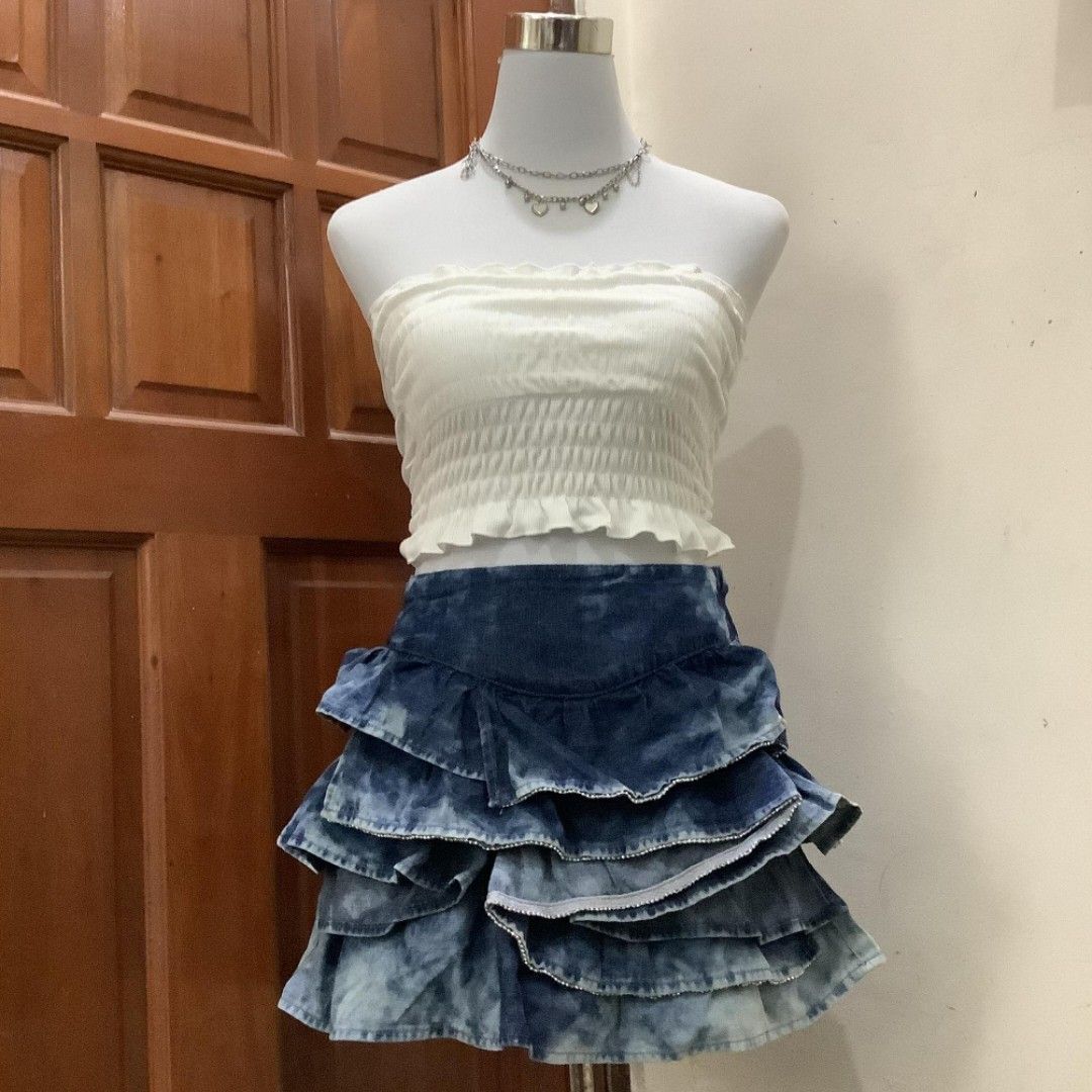 y2k vintage ruffle layered denim mini skirt 2000's retro mcbling ...