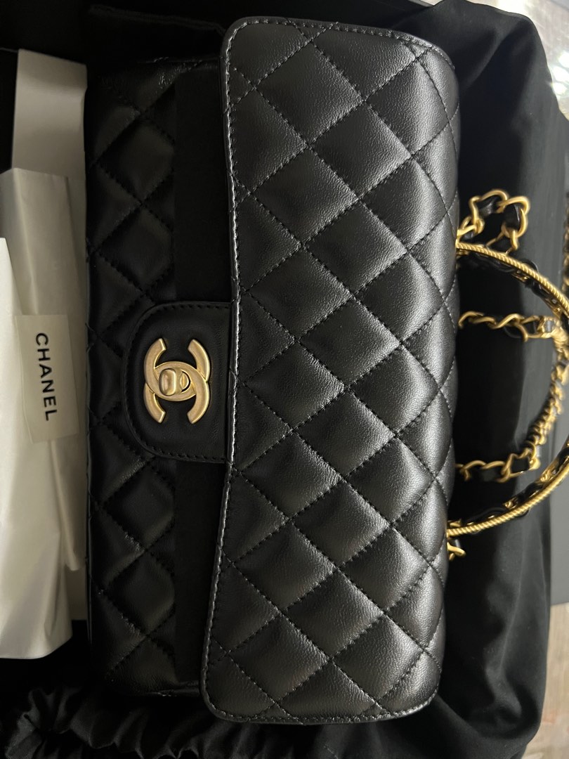 Brand new 24C Chanel black with gold lamb skin flag bag, Luxury, Bags ...