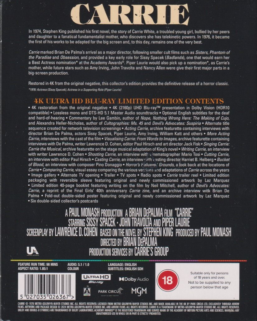 Carrie 4K Limited Edition (Arrow Video) Blu ray / Bluray, Hobbies ...