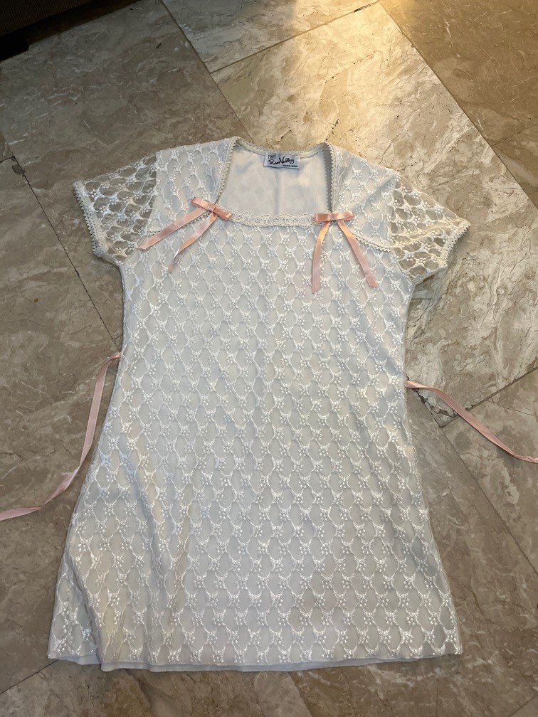 Coquette White Lace Mini Dress with Pink Ribbons | Aesthetic Princess Himekaji Axes Femme Bows ...