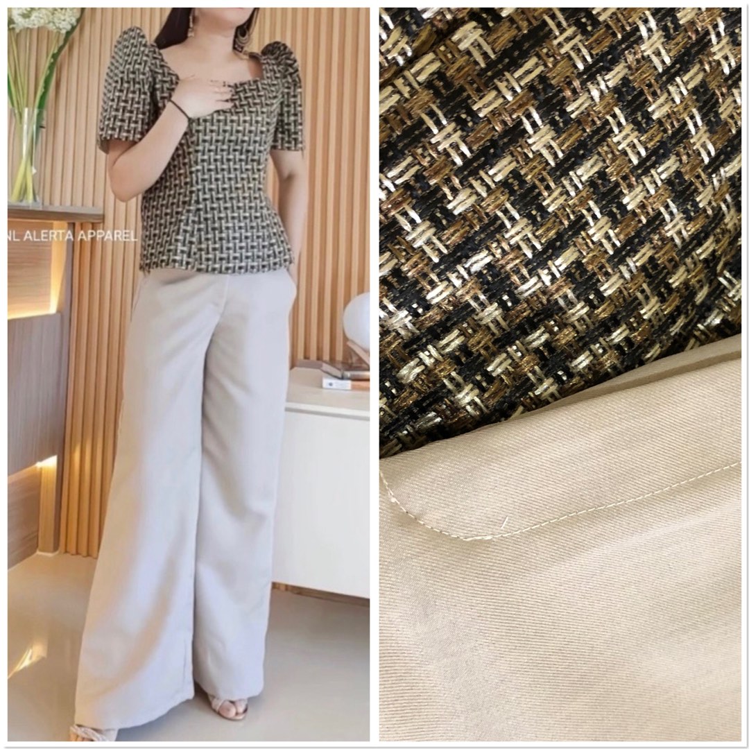 Modern filipiniana sack top and grayish beige slacks set coords, Women ...
