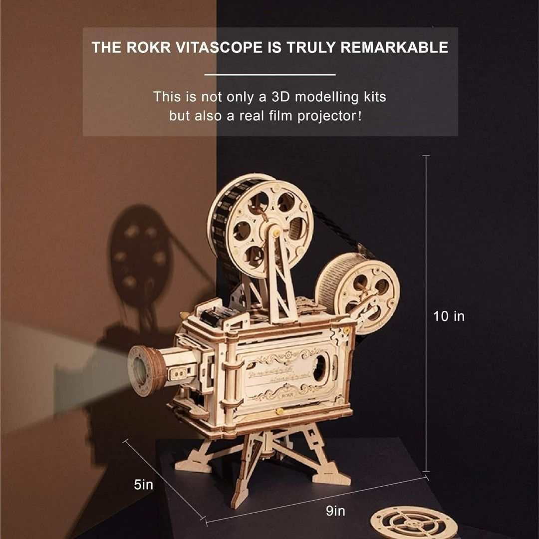 ROKR 3D Wooden Puzzle Film Projector Vitascope Mechanical Gear Film Projector Model Kit, Hobbies ...