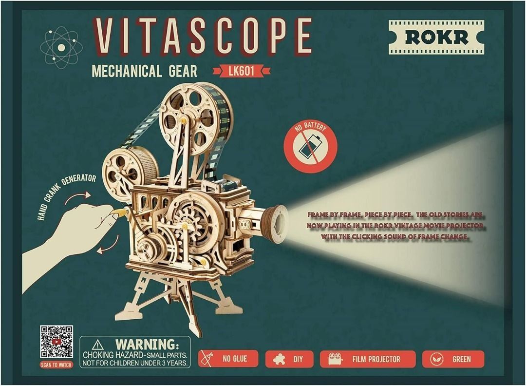 ROKR 3D Wooden Puzzle Film Projector Vitascope Mechanical Gear Film ...