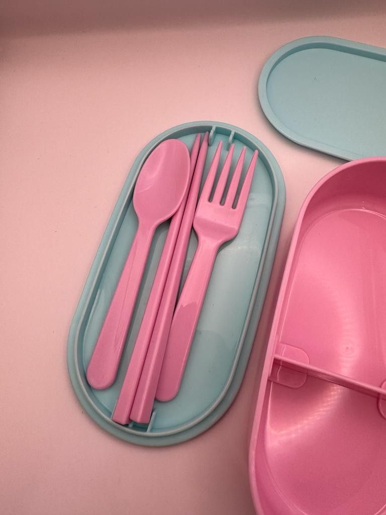 2 tier Japanese lunch box pink polka dot lunch box utensil cutlery food ...