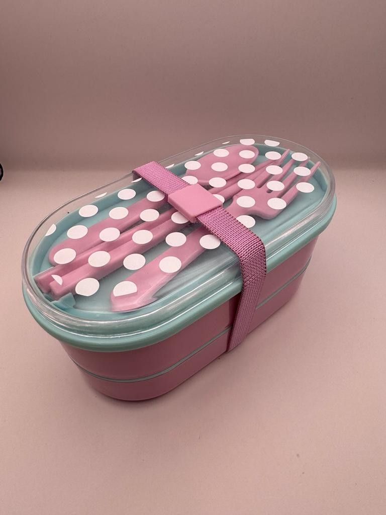 2 tier Japanese lunch box pink polka dot lunch box utensil cutlery food ...
