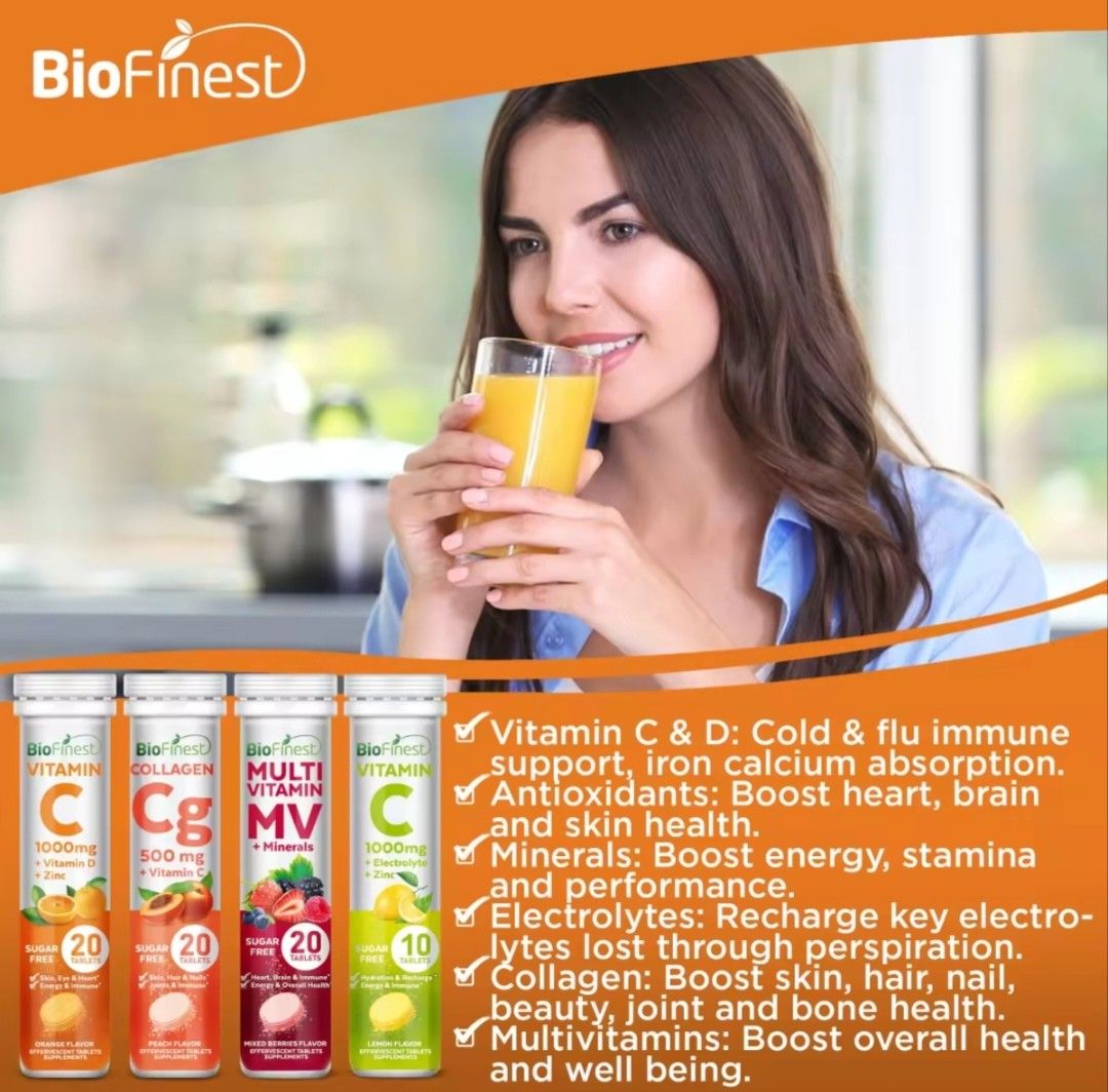 Biofinest Effervescent Vitamin C 1000mg Collagen MultiVitamin B C D E ...