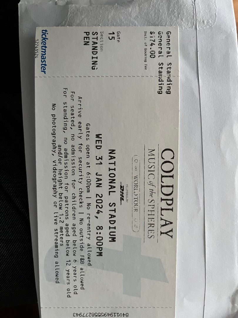 Coldplay Physical Tickets 31st Jan Standing Pen, Tickets & Vouchers ...
