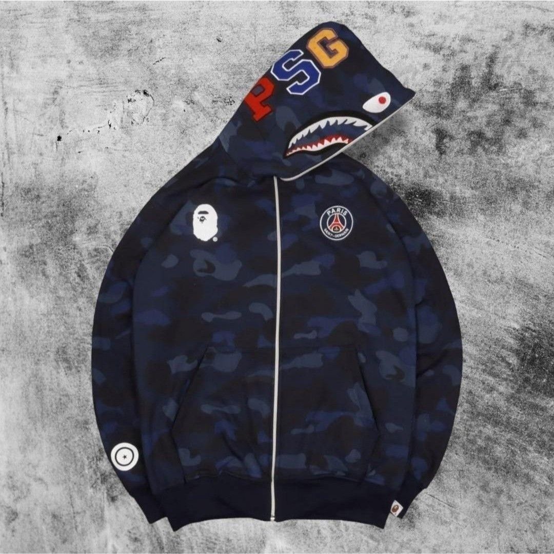 Hoodie Full Zip Bape Shark X PSG Paris Saint-Germain Camo Biru, Fesyen ...