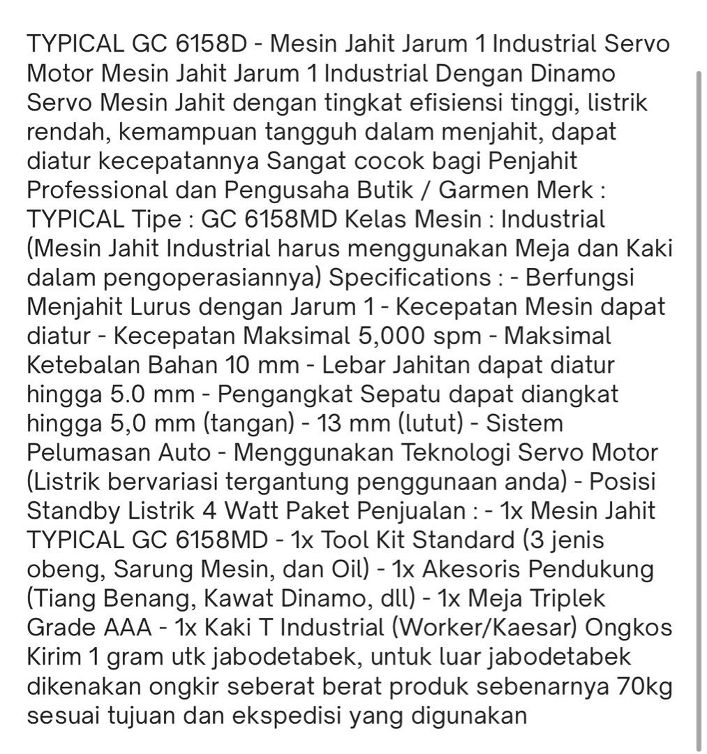 Mesin jahit konveksi High speed merk Typical GC 6158D Dinamo servo ...