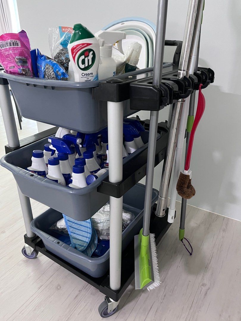Push cart cleaning trolley dish trolley with 3 trays and hanger hook ...