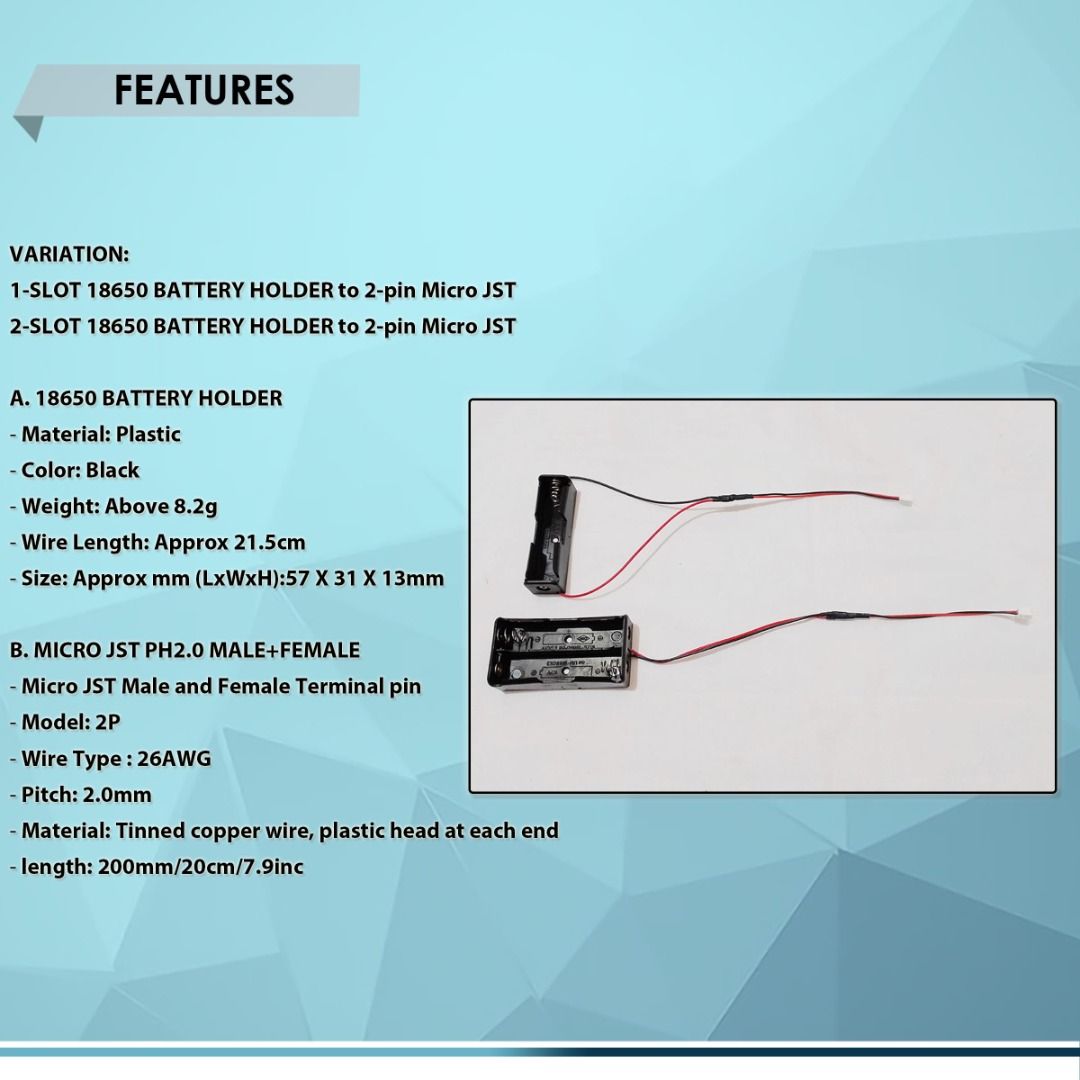 18650 BATTERY HOLDER 1.5V with 2-PIN MICRO JST PH2.0 M+F, BEST FOR BBC ...