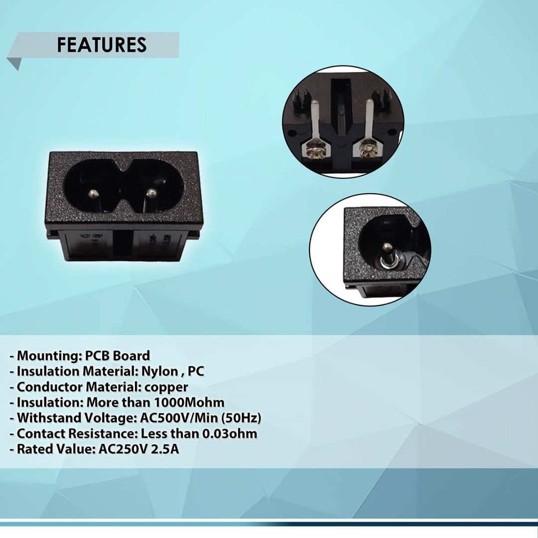 C8 MALE PLUG PANEL MOUNT ADAPTER, AC 250V 2.5A 2-PIN IEC INLET IEC ...