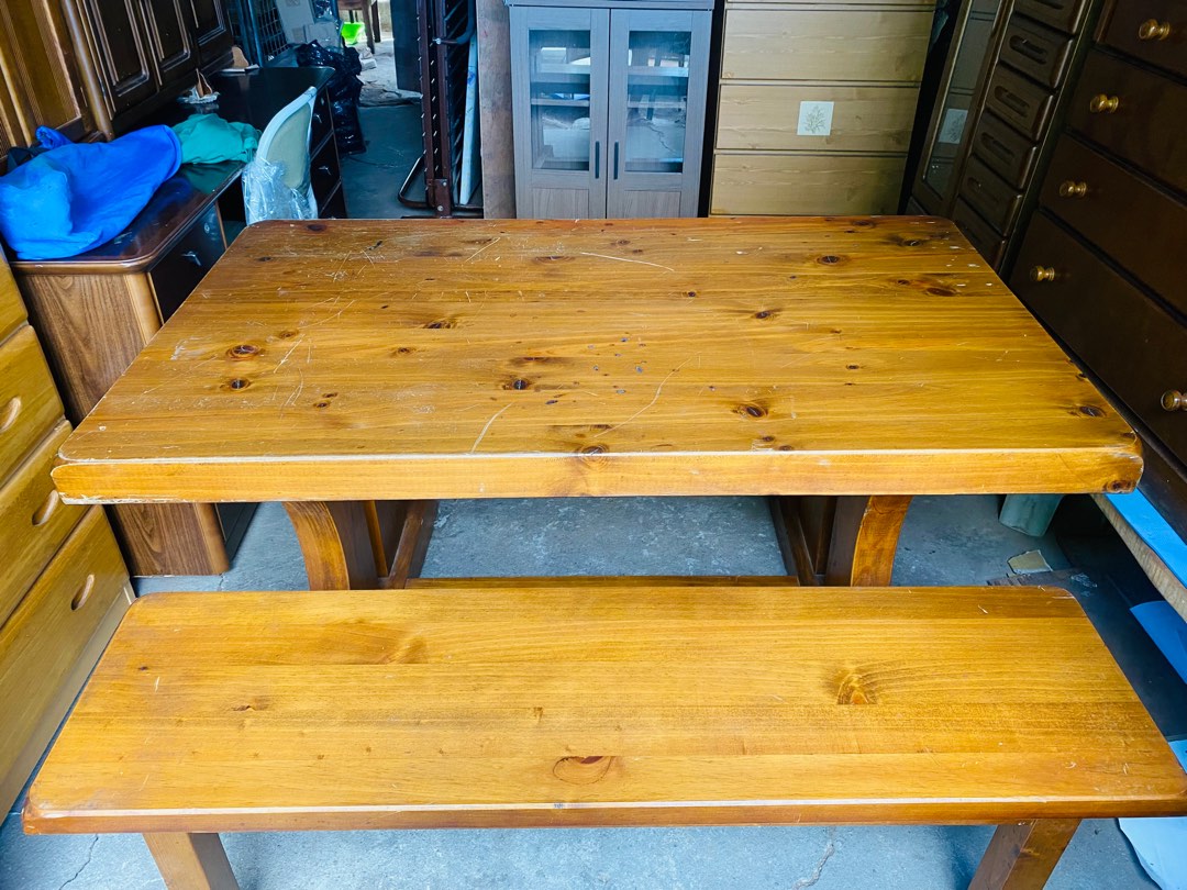 JAPAN FURNITURE HEAVY SOLID WOOD DINING TABLE WITH BENCH CHAIR IN GOOD ...