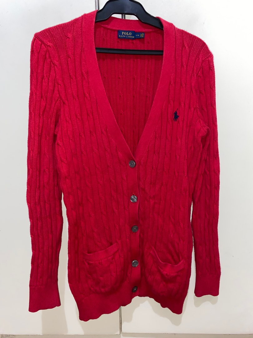 Polo Ralph Lauren Red cable knitted cardigan, Women's Fashion, Coats ...