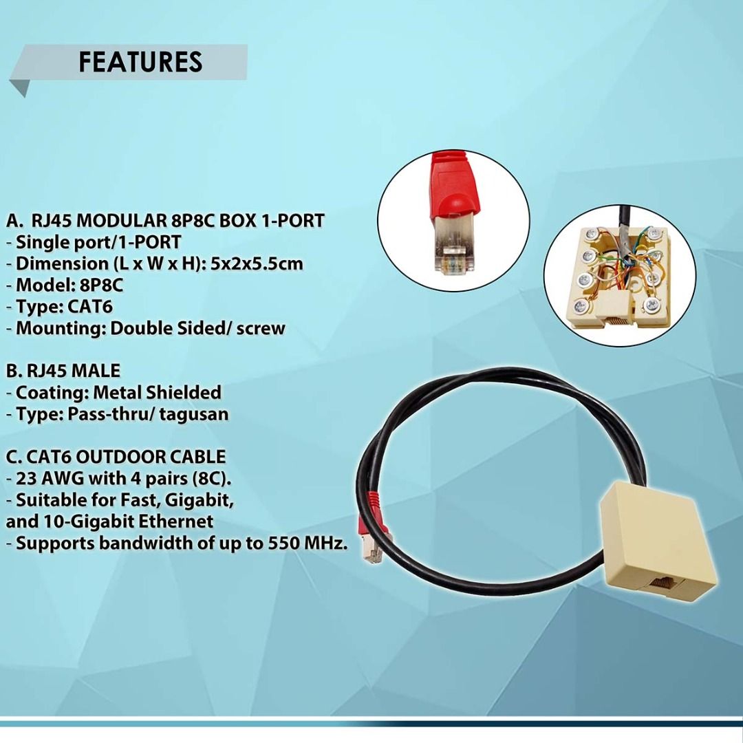 RJ45 MALE CAT6 OUTDOOR LAN CABLE to RJ45 MODULAR 8P8C BOX 1-PORT ...