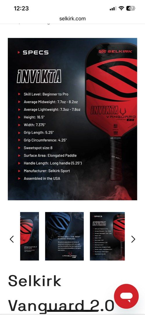 Selkirk invicta vanguard pickleball paddle, Sports Equipment, Sports ...