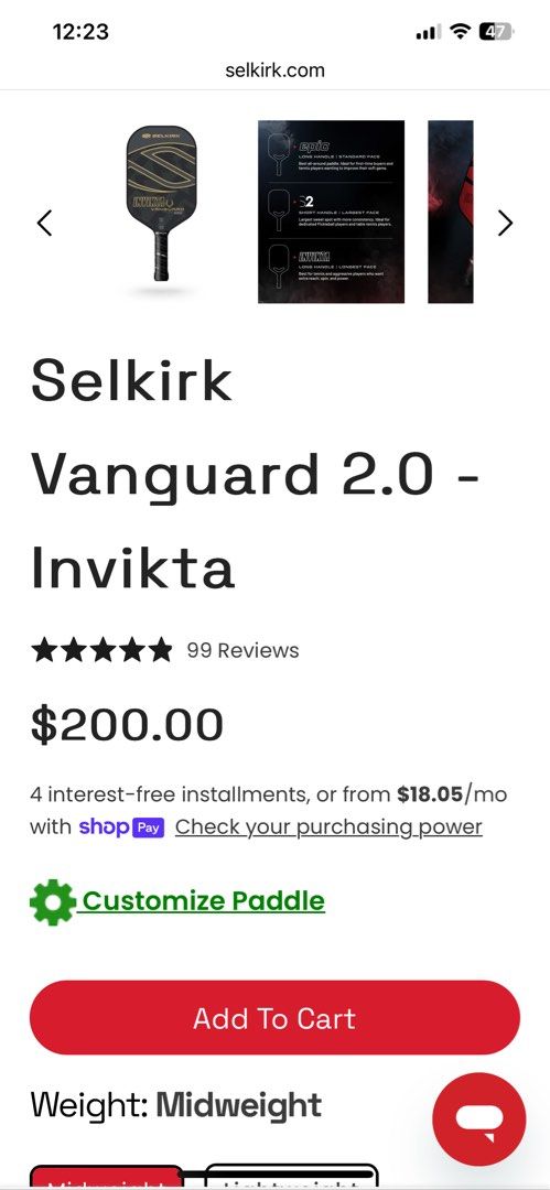 Selkirk invicta vanguard pickleball paddle, Sports Equipment, Sports ...