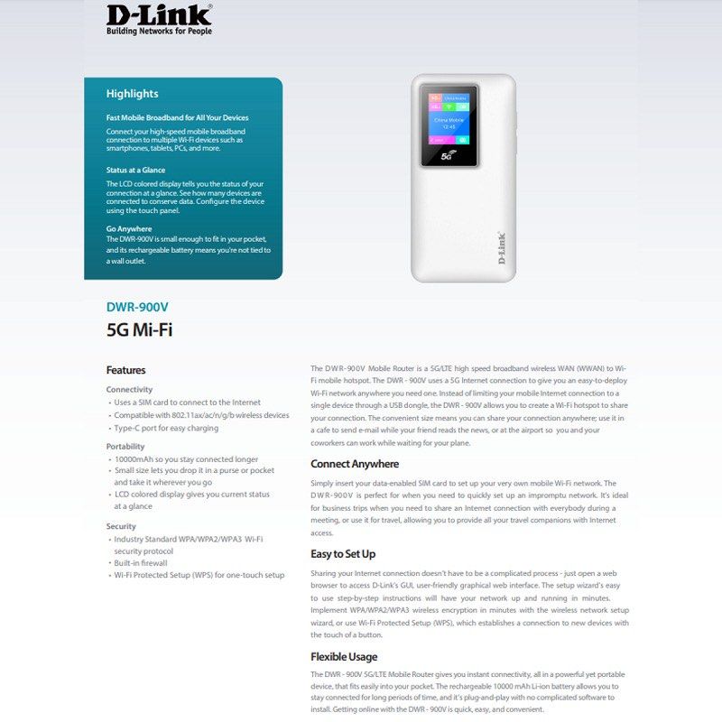 D-Link DWR-900V 5G Router Mi-Fi Wifi Mobile Sim Card Router with ...