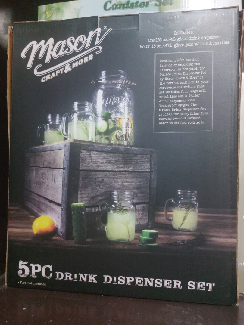 Mason Craft & More 5 Piece Round Glass Drink Dispenser Set, Furniture ...