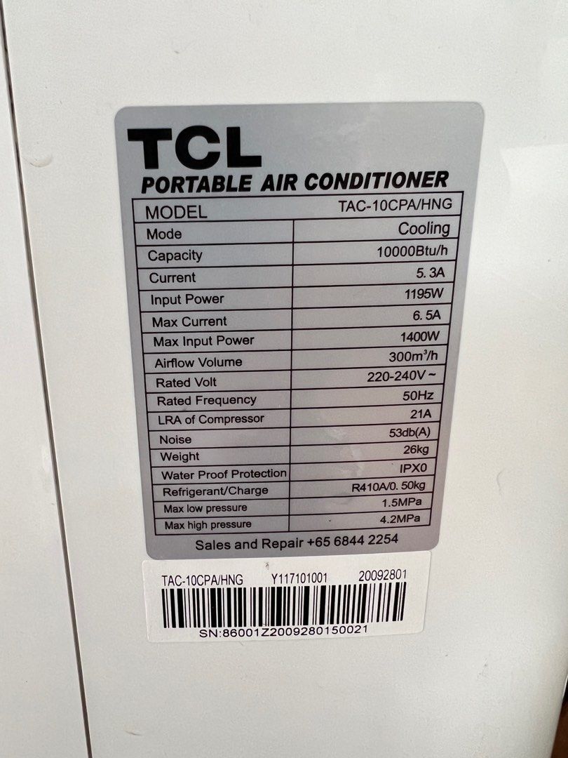 (U.P.$399) TCL portable aircon TAC-10CPA, TV & Home Appliances, Air ...