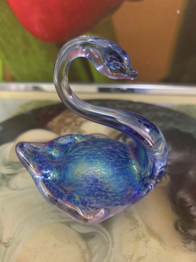 Vintage Heron Iridescent Blue Glass Swan, Art Glass Swan, Furniture ...