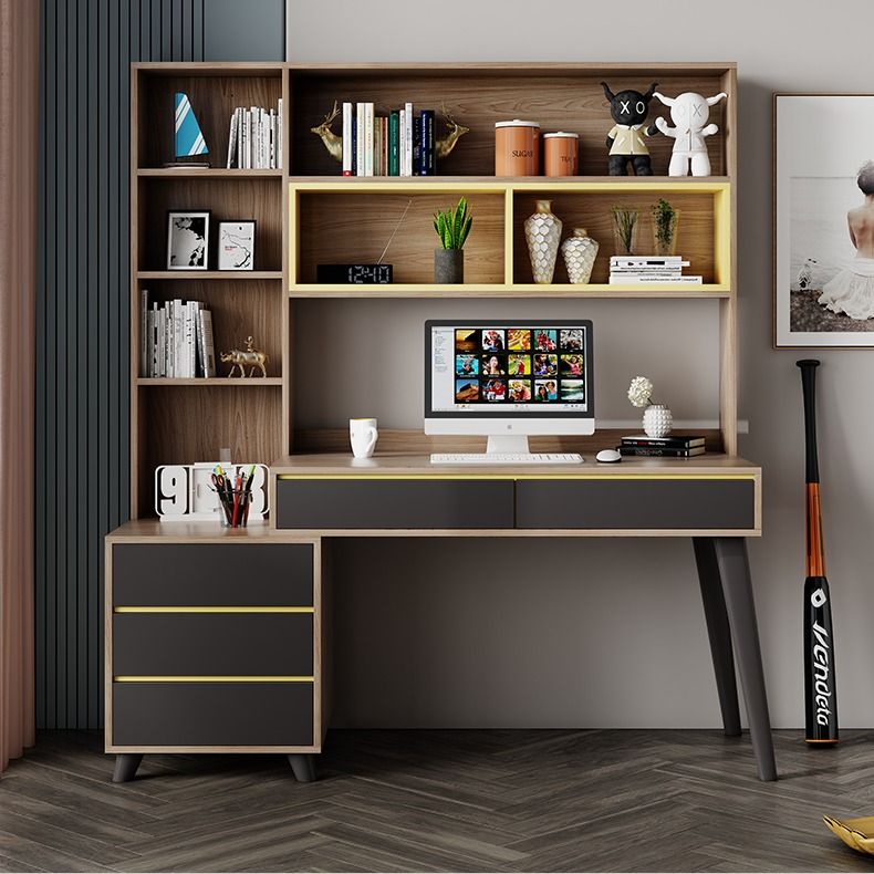 Wood Study table bookcase combination integrated table modern simple ...