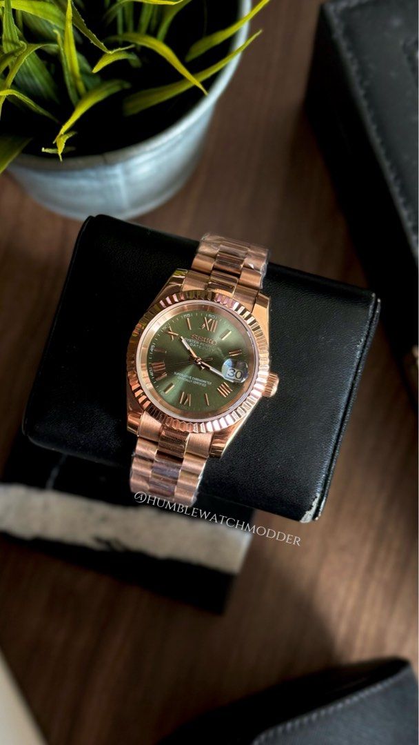 Seiko rose gold Olive dial datejust mod, Men's Fashion, Watches & Accessories, Watches on Carousell