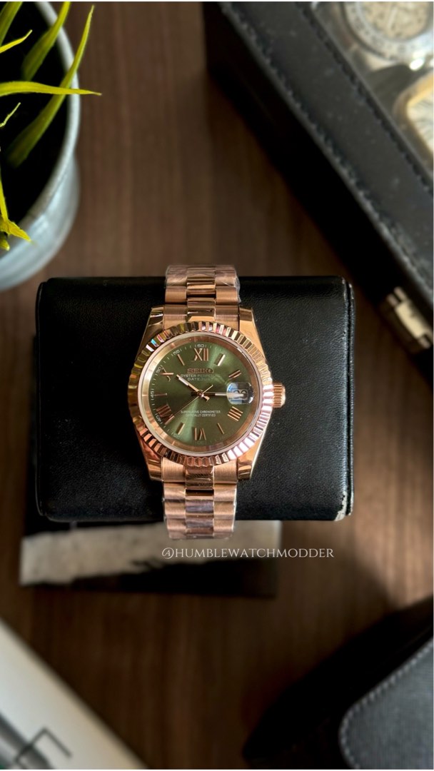 Seiko rose gold Olive dial datejust mod, Men's Fashion, Watches & Accessories, Watches on Carousell
