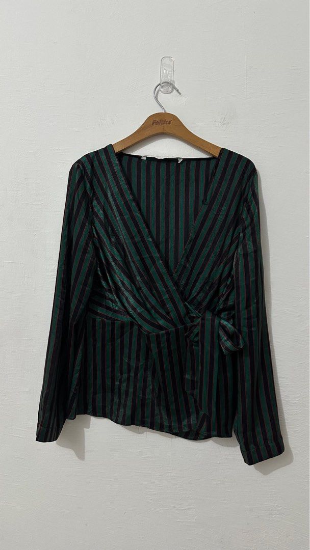 Zara satin striped wrap top. Green, red and black stripes. Ties at the ...
