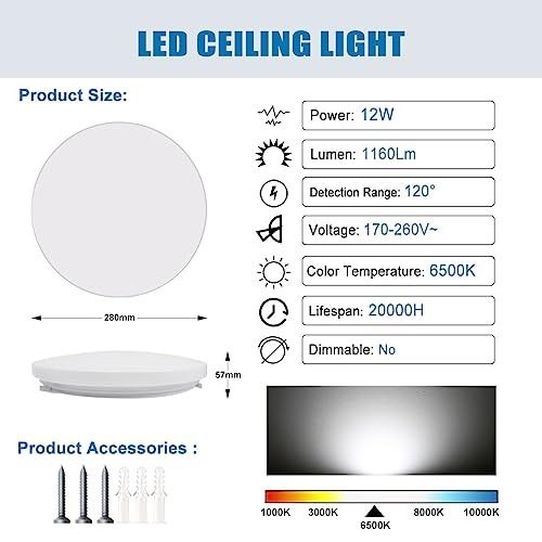 12W LED Ceiling Light - 1160LM, 81W Equivalent, IP54, Cool White 6500K ...