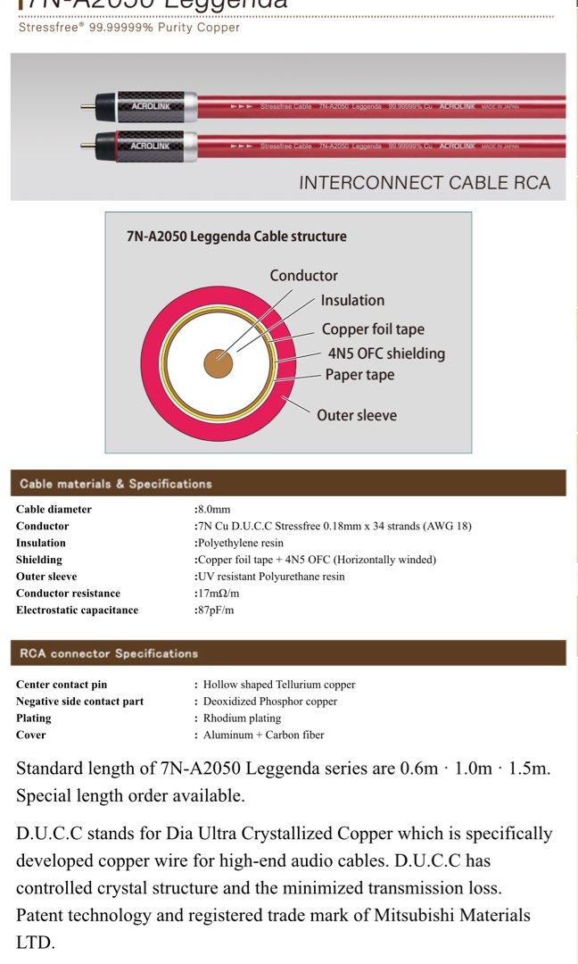 Acrolink 7N-A2050 Leggenda interconnect, Audio, Other Audio Equipment ...