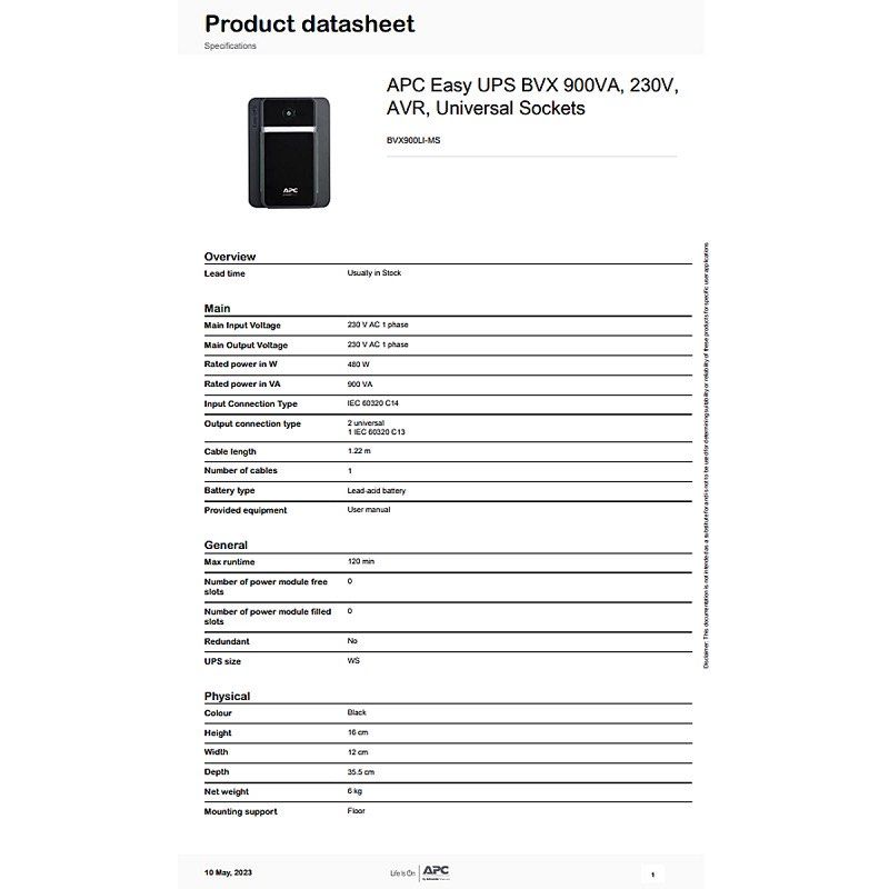 APC UPS Battery BACKUP 900VA, 230V, AVR, Universal Sockets [Order Model ...