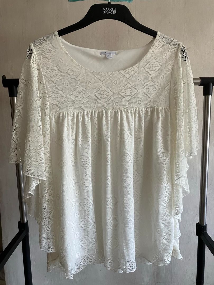 Bossini White Lace Top, Women's Fashion, Tops, Blouses on Carousell