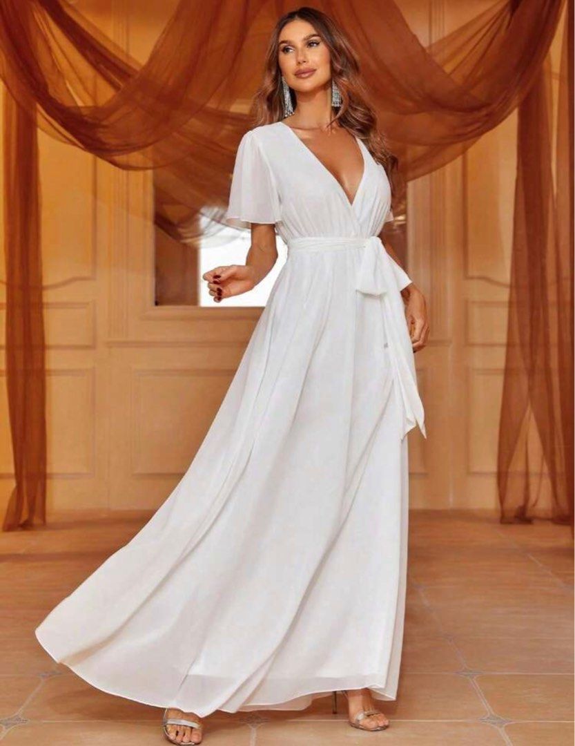 Classy white long flowy dress butterfly sleeve tie belt, Women's Fashion, Dresses & Sets ...